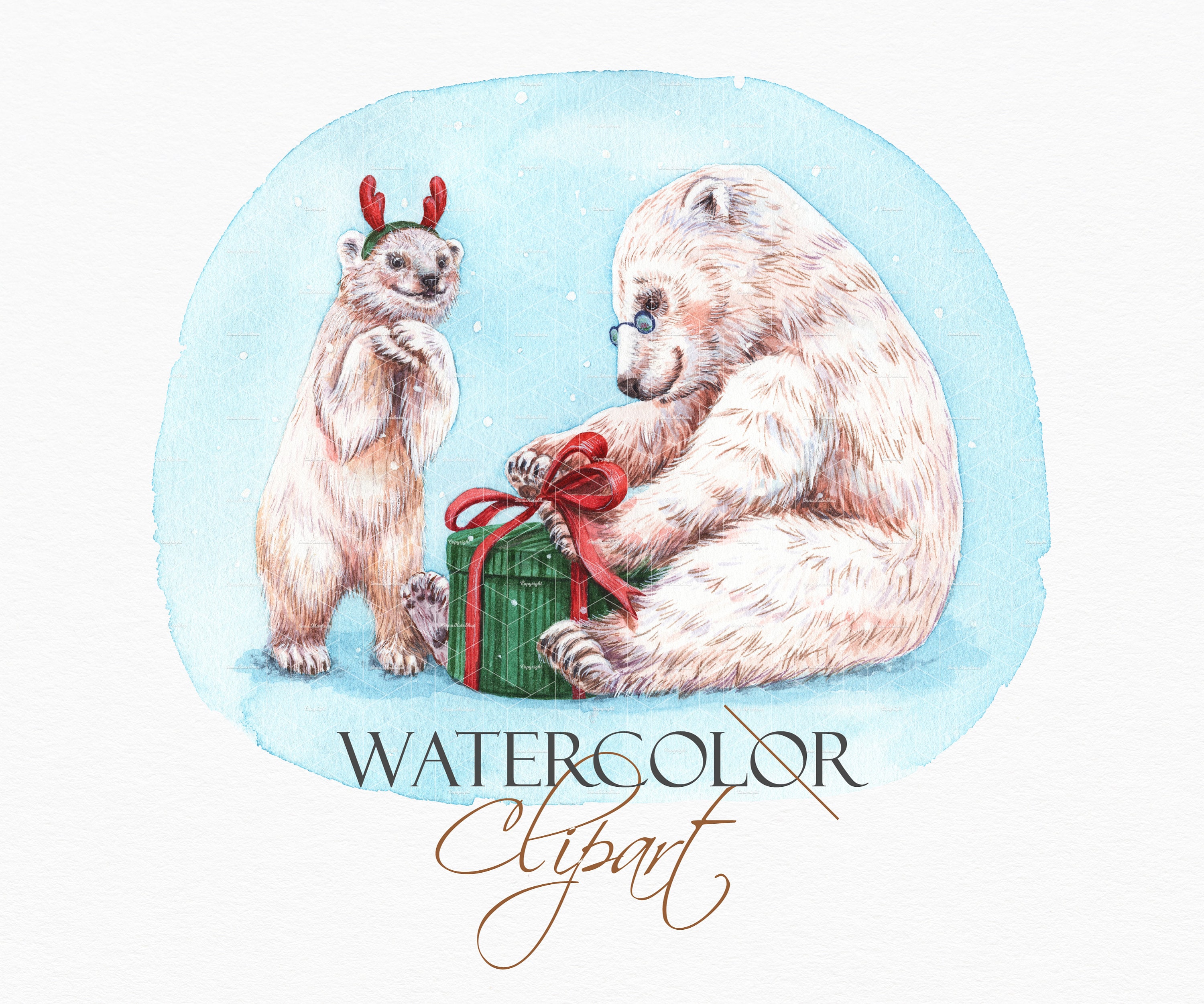 Watercolor Polar Bears Clipart Dad Bear With Baby Bear. - Etsy