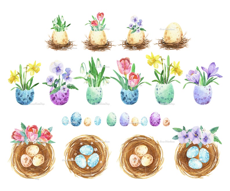Watercolor Easter Egg Clipart Spring Floral Nest Clip Art | Etsy