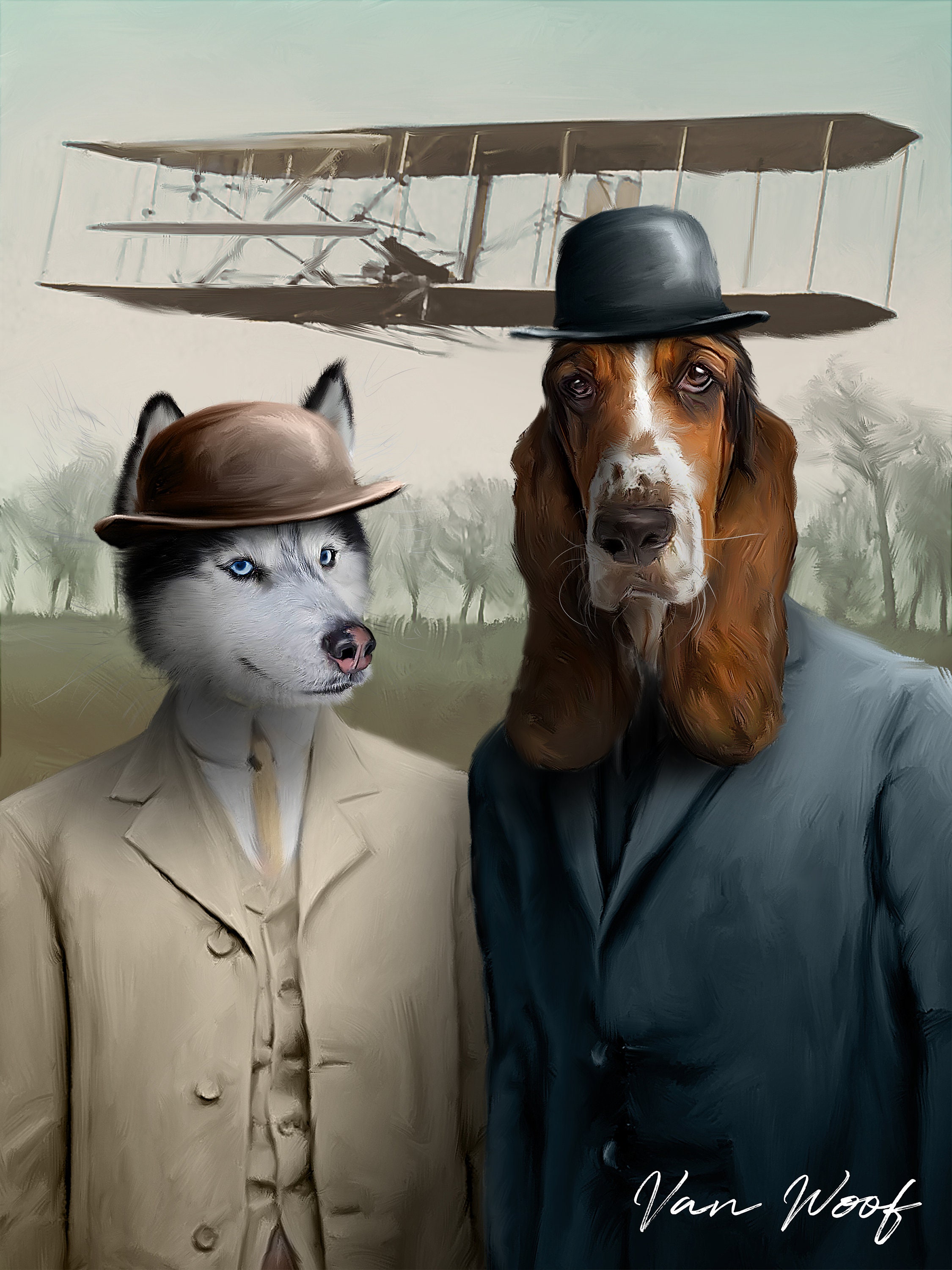 Wright Brothers, Custom Dog Portrait, Pilot, 2 Pet Portrait, Two Pets ...