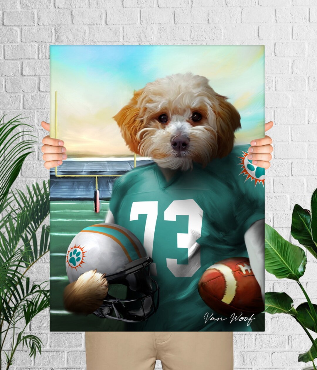 Miami Football Team Pet Portrait, American Football Fan Gift Art ...