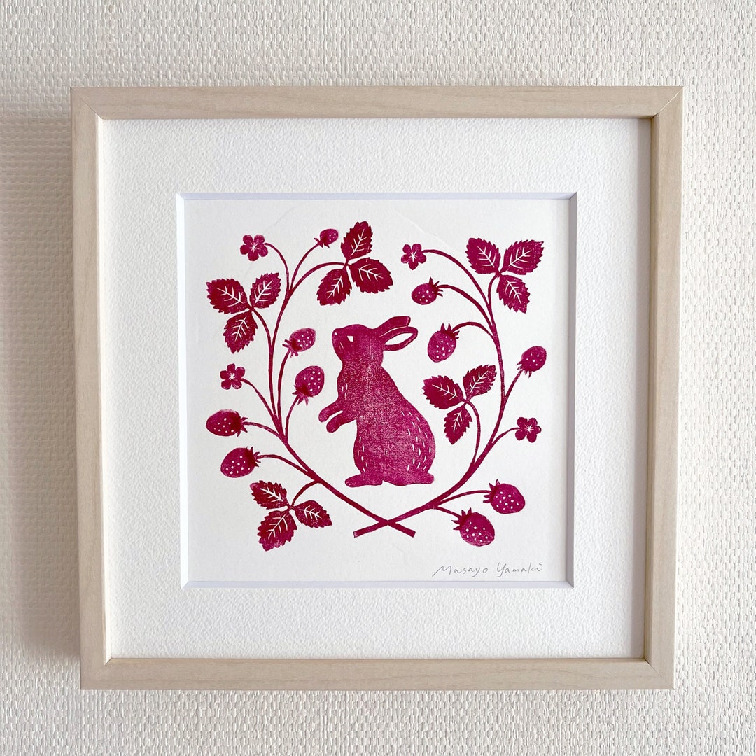 Rabbit Strawberry Art Print, Bunny Print, Square, Woodblock Print ...