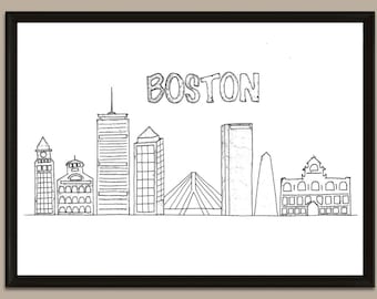 Boston Skyline With Runners Sketch Poster, Boston Marathon Skyline Art ...