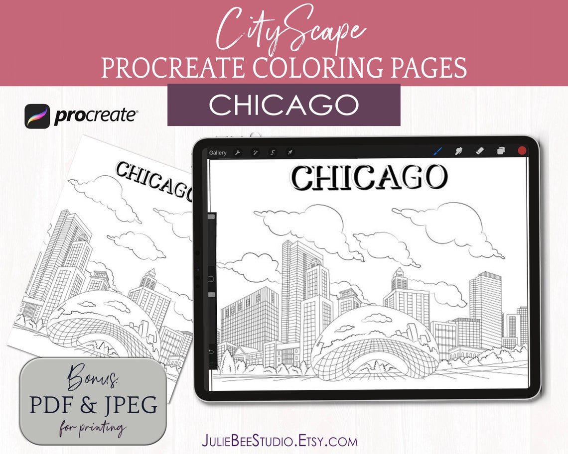 Procreate Coloring: Cityscape Digital Coloring Pages / Chicago ...