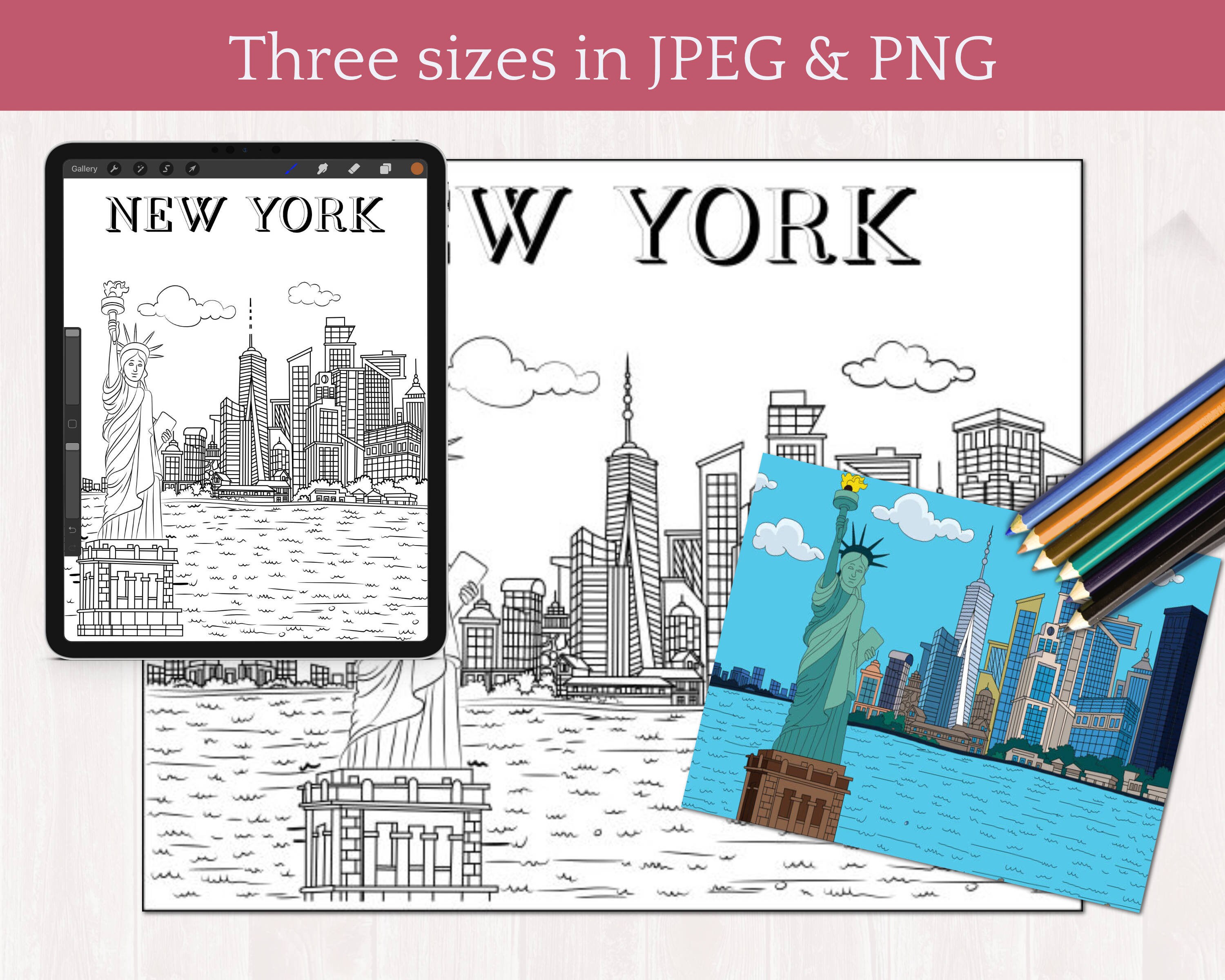 Procreate Coloring: Cityscape Digital Coloring Pages / New York ...
