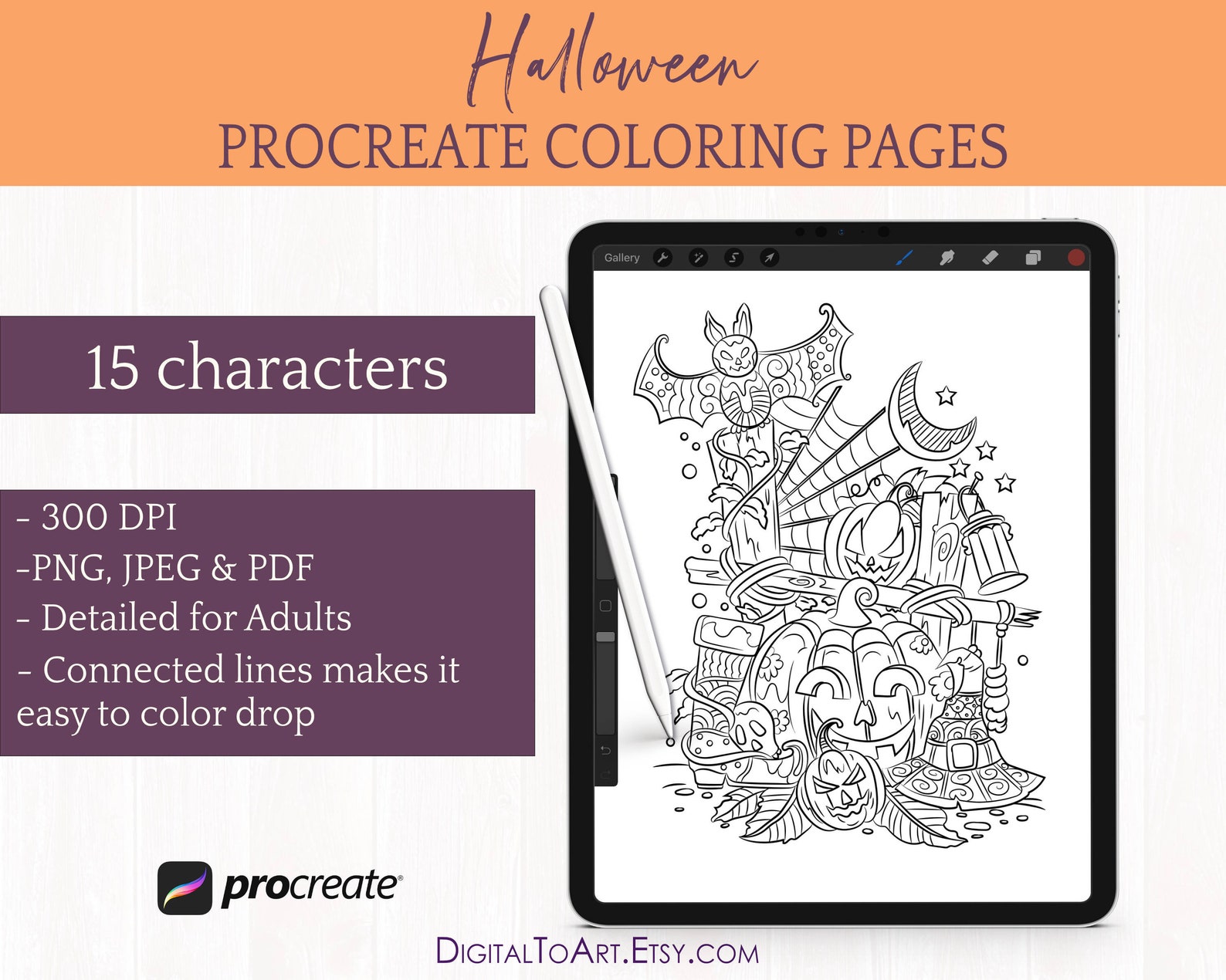 Digital Coloring Pages / Adult Halloween Coloring Printables: Procreate ...