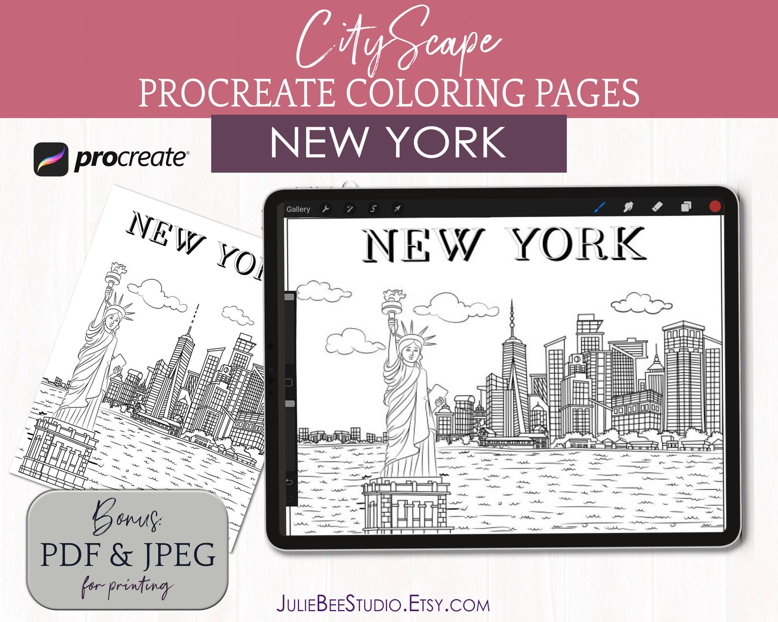 Procreate Coloring: Cityscape Digital Coloring Pages / New York ...
