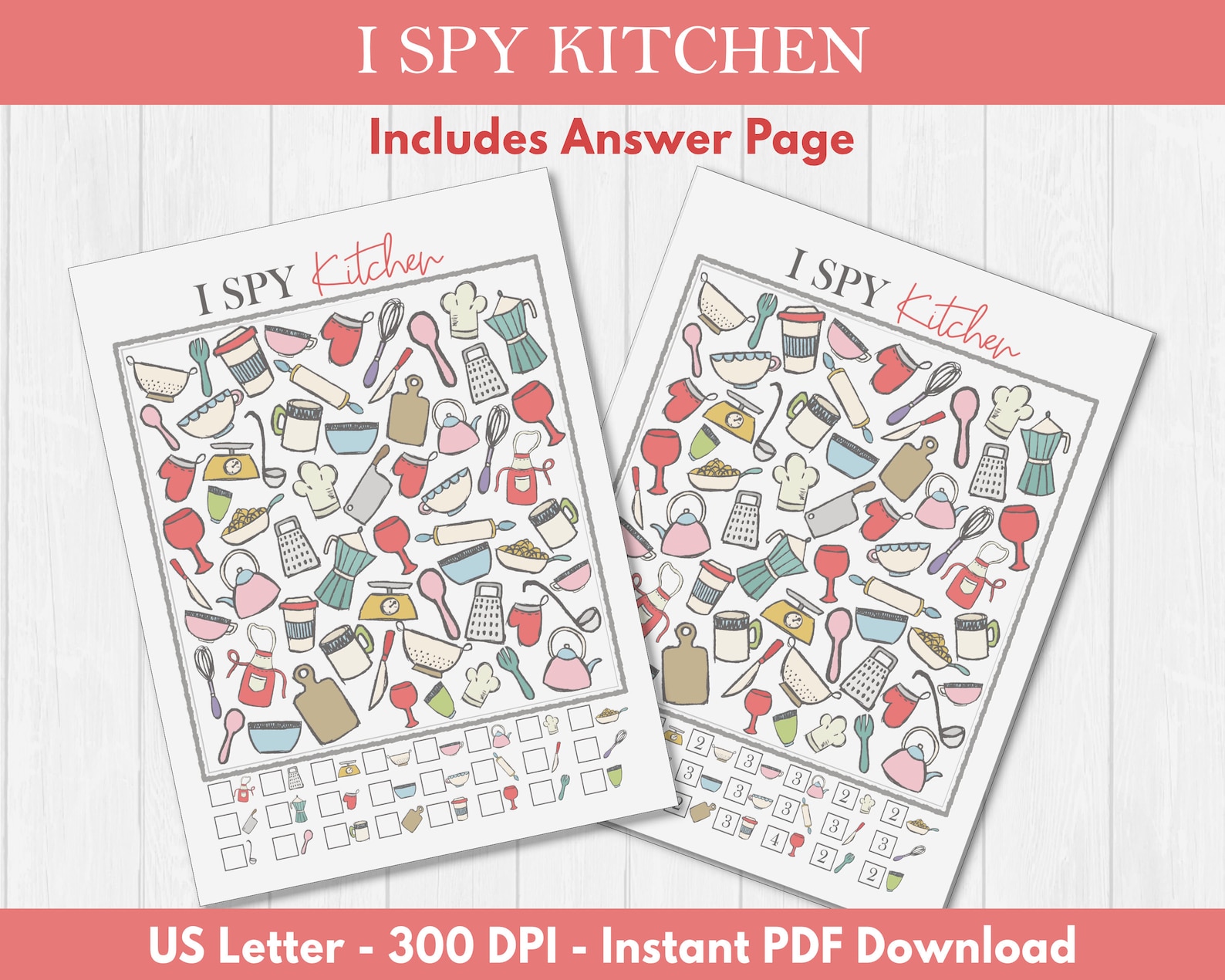 I Spy Game Printable / Kitchen Illustrations / Classroom Activity / 8 ...