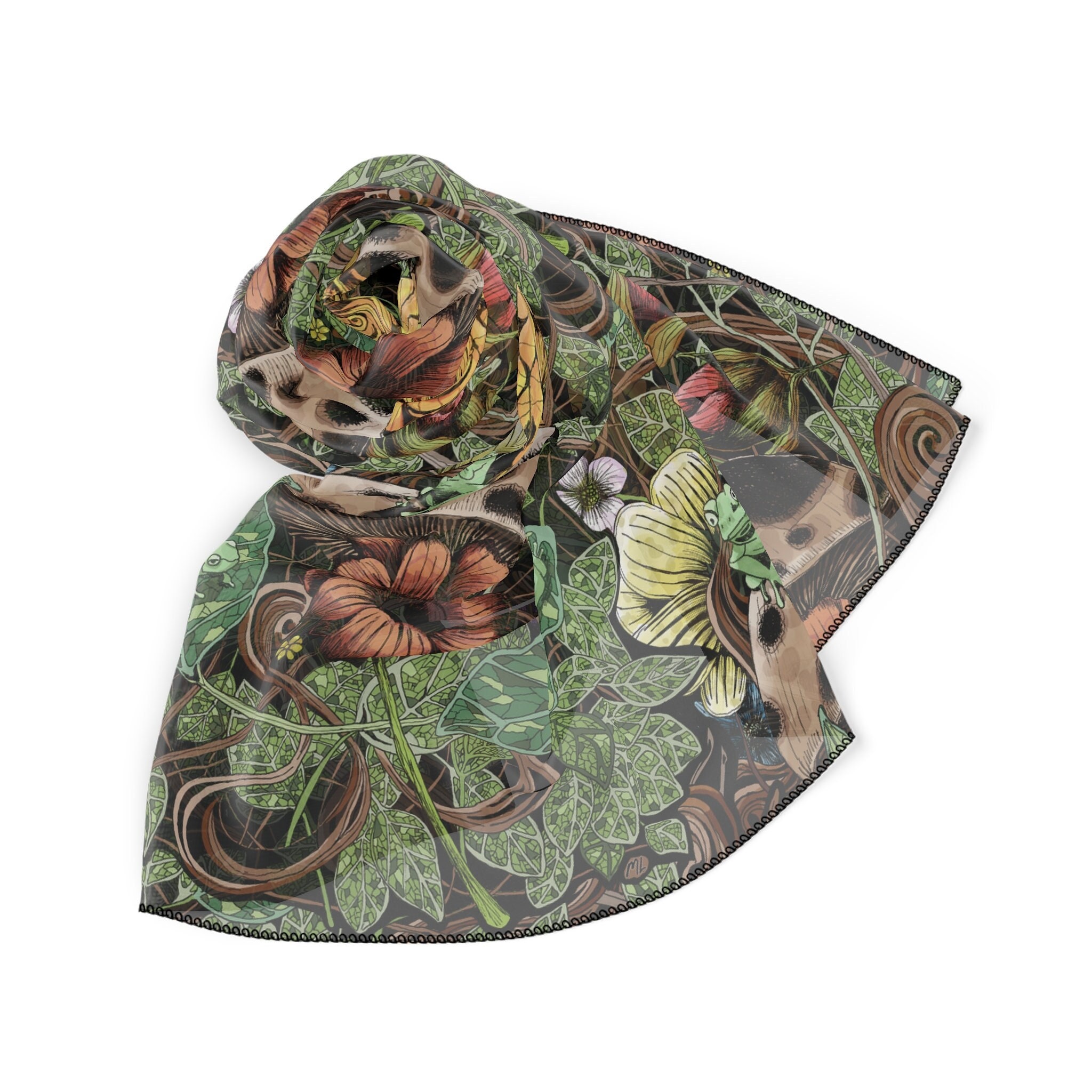 Little Nature Adventure With Frogs, Flowers, and Mushroom Poly Scarf - Etsy