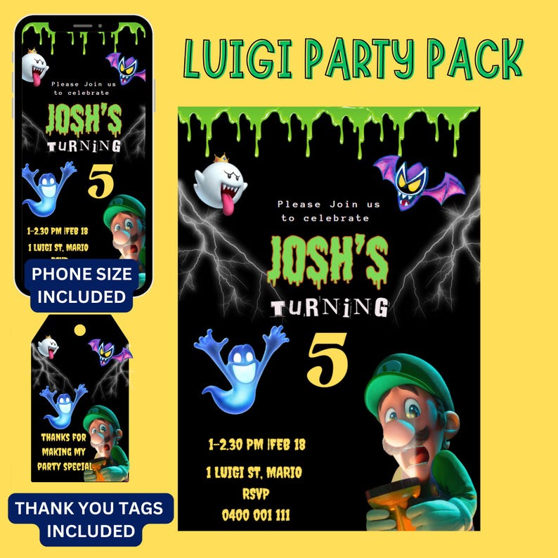 Luigi Birthday Invitation | Super Mario Bros Birthday Invites, Boys ...