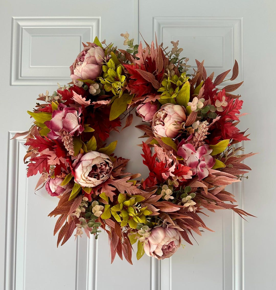 Pink Peony Fall Wreath: Autumn Leaves Door Decor, Homeware Decor - Etsy