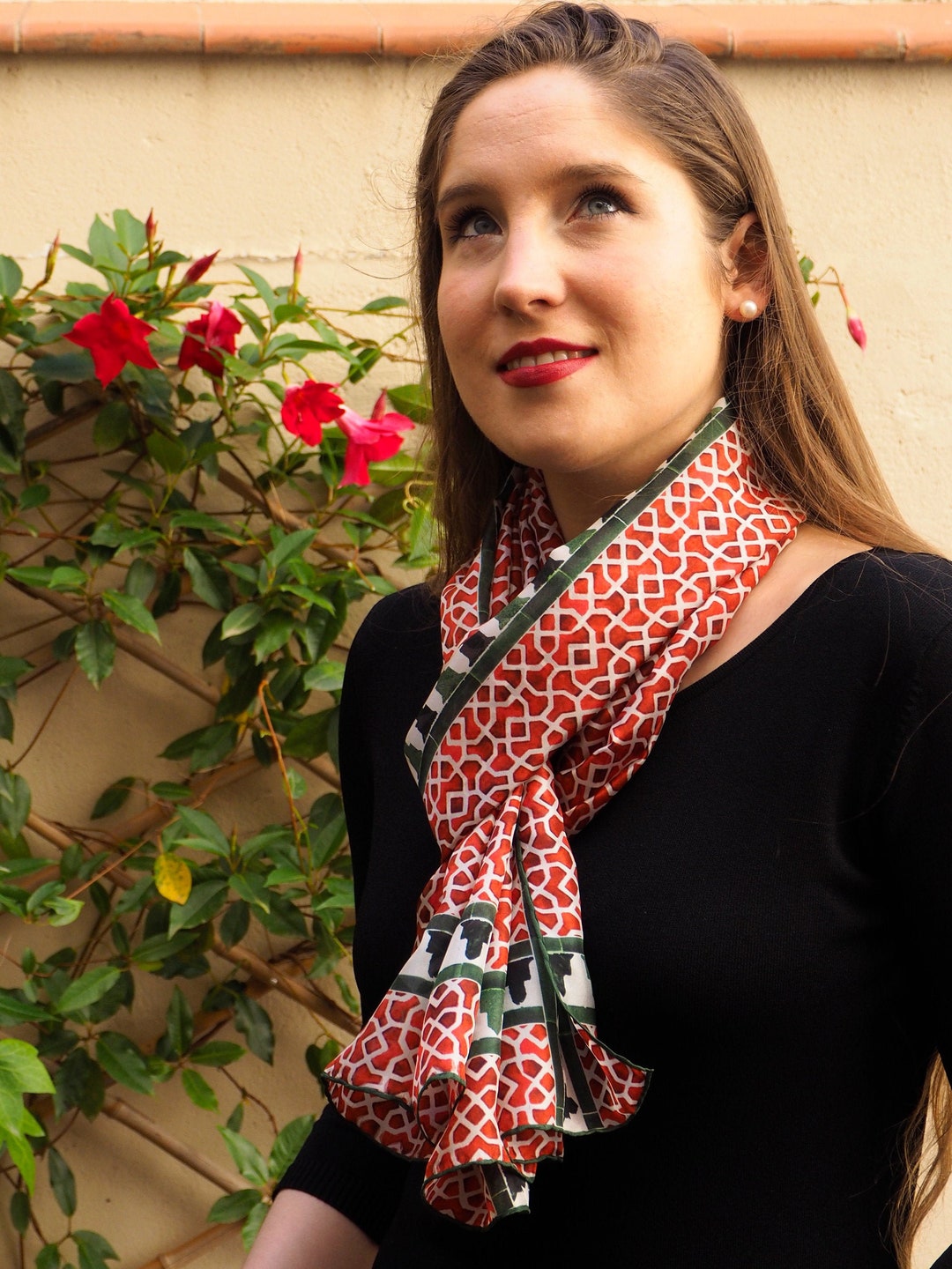 Red Silk Scarf For Women Inspired By Moroccan Tiles 71x25 Long Scarf red-silk-scarf-for-women-inspired-by-moroccan-tiles-71x25-long-scarf