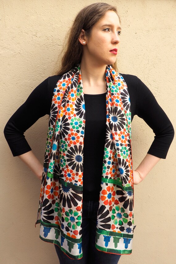Alhambra Tile Inspired Silk Scarf Multicolor Silk Headwrap | Etsy
