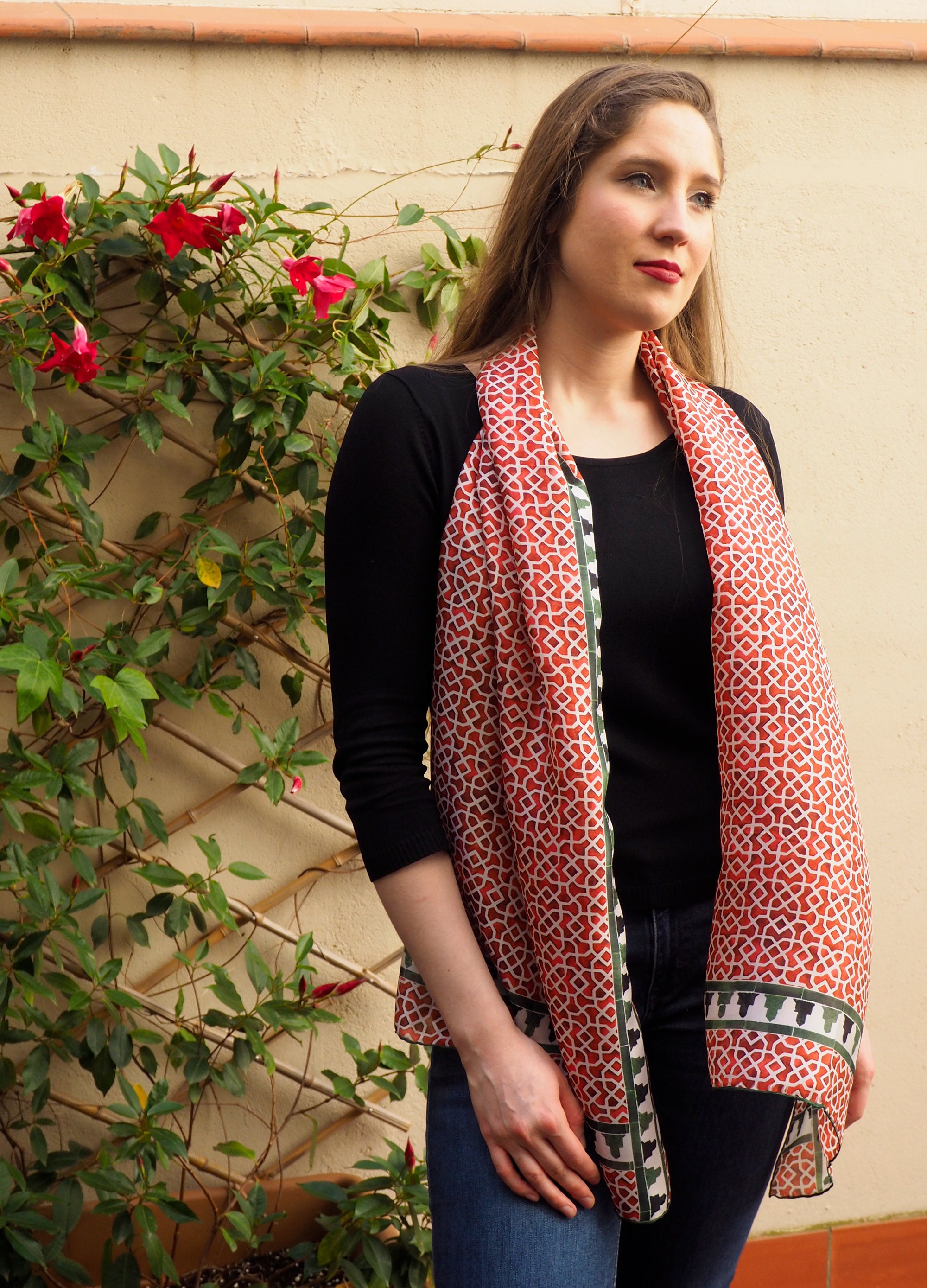 Red Silk Scarf for Women Inspired by Moroccan Tiles, 71x25 Long Scarf ...