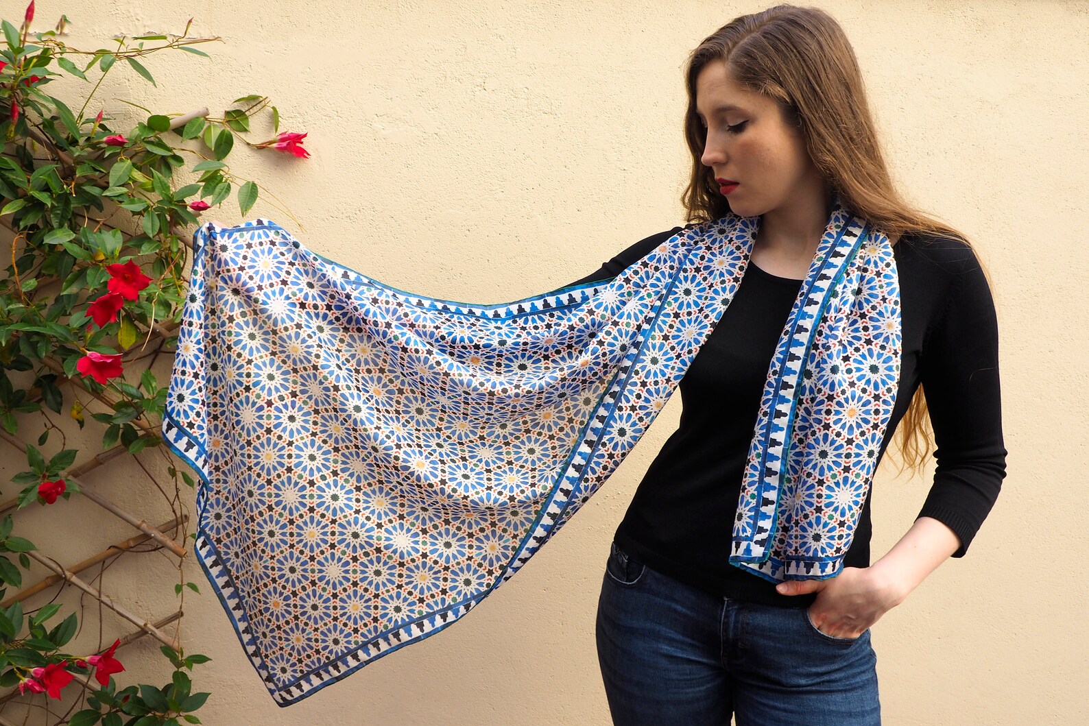 Silk Scarf for Women Inspired by Moroccan Tiles, 71x25 Large Head Scarf ...