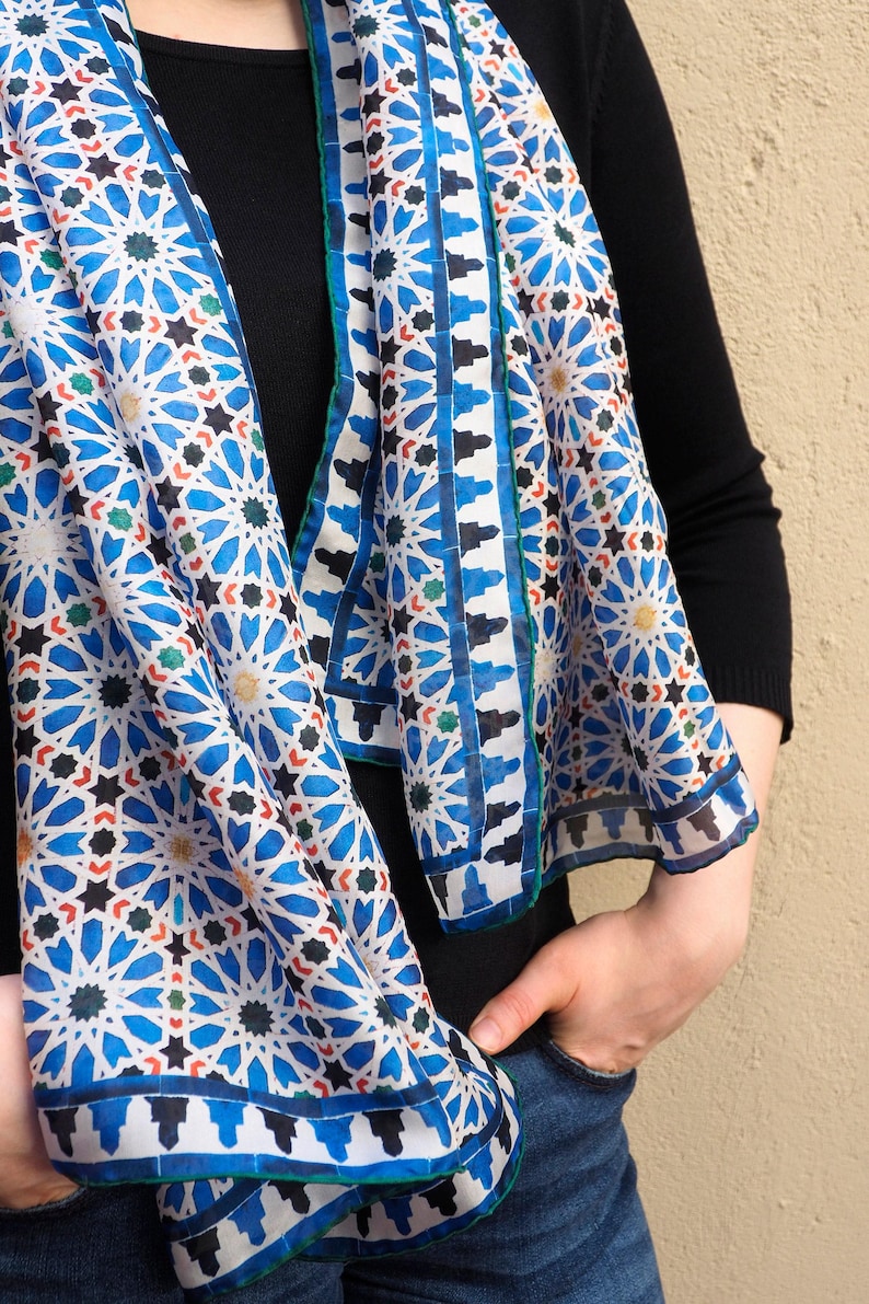 Womens Silk Scarf Inspired by Moroccan Tiles, Alhambra Palace Print ...