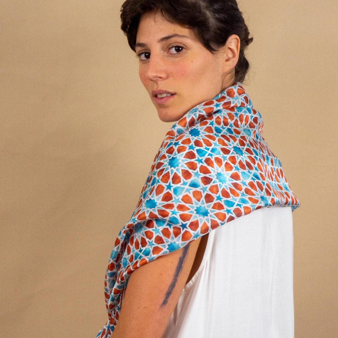 Brown and Blue Silk Scarf With Geometric Print Inspired by Andalusian ...