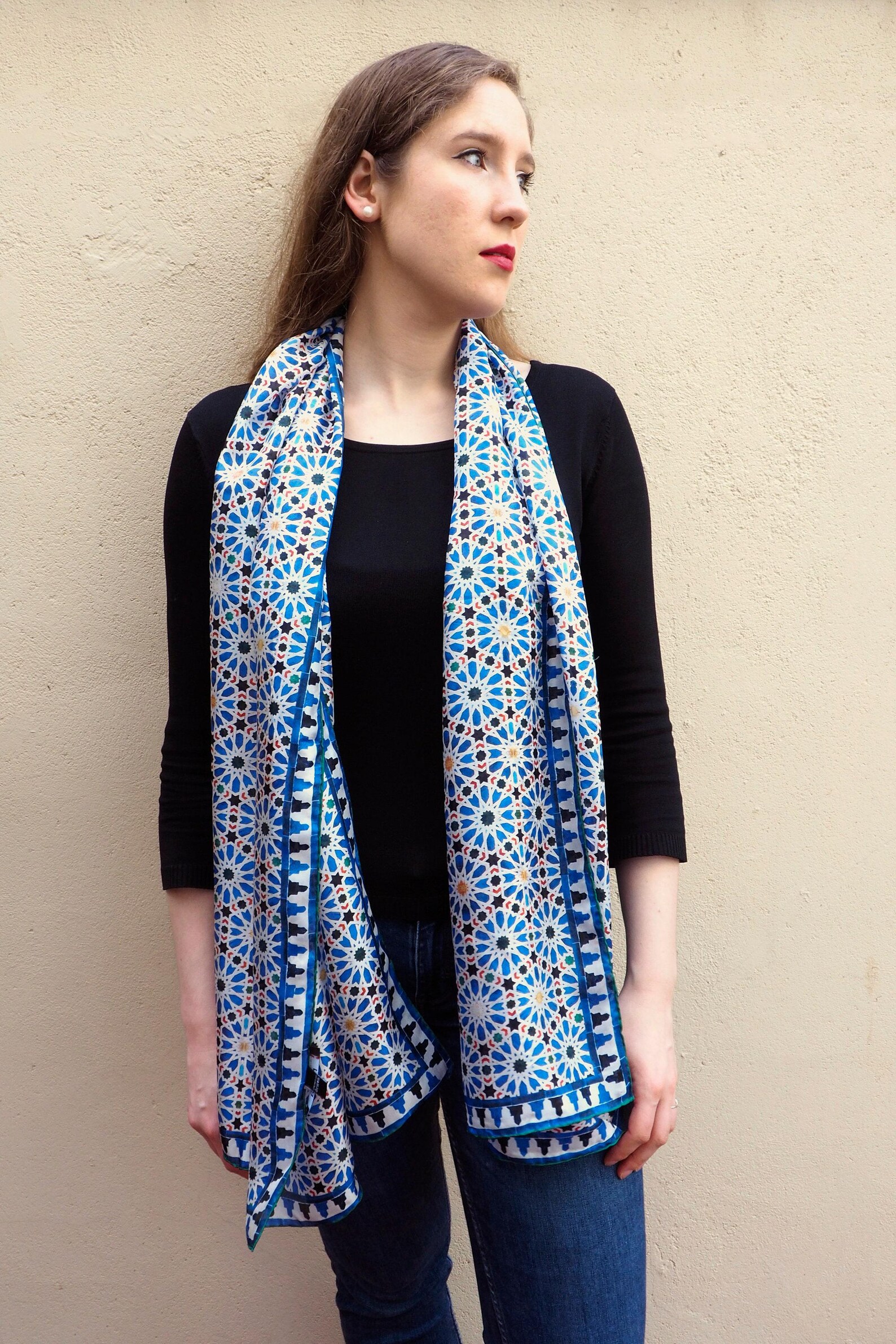 Womens Silk Scarf Inspired by Moroccan Tiles, Alhambra Palace Print ...