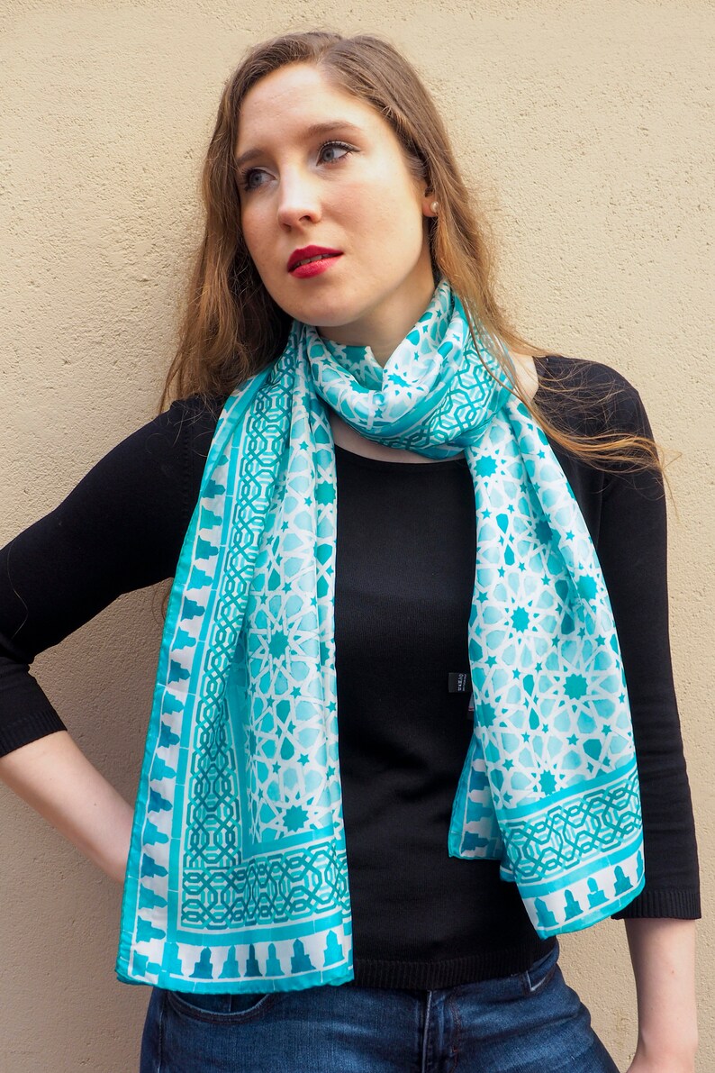 Light Blue Silk Scarf With Spanish Tile Print 100% Silk Shawl - Etsy