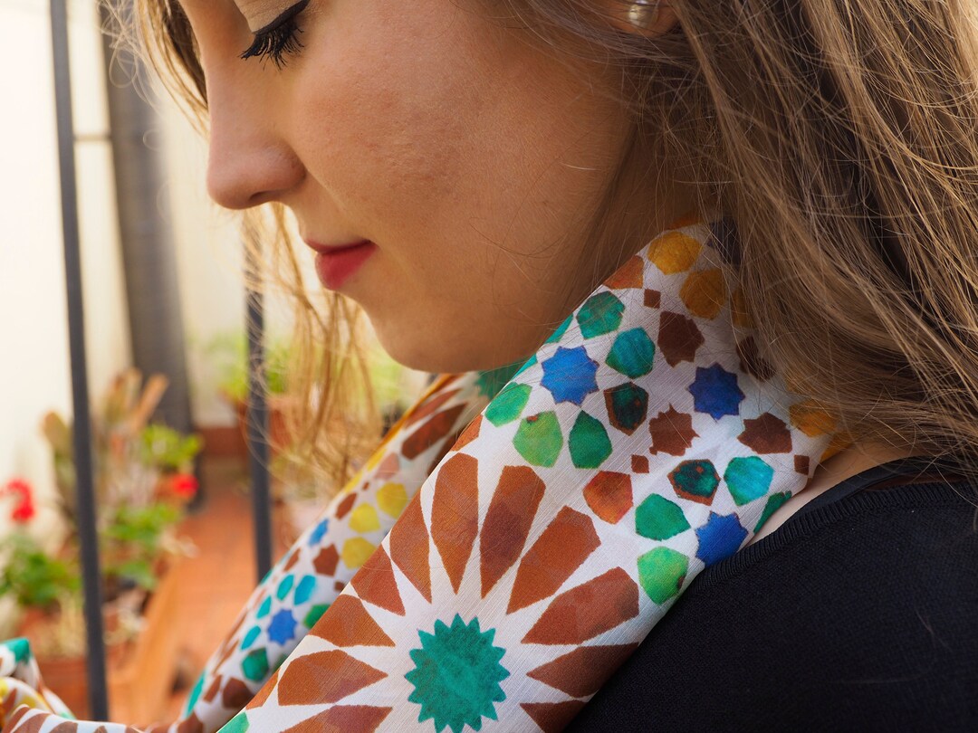 Oblong Silk Scarf With Alhambra Tile Print, Moroccan Inspired Art Long ...