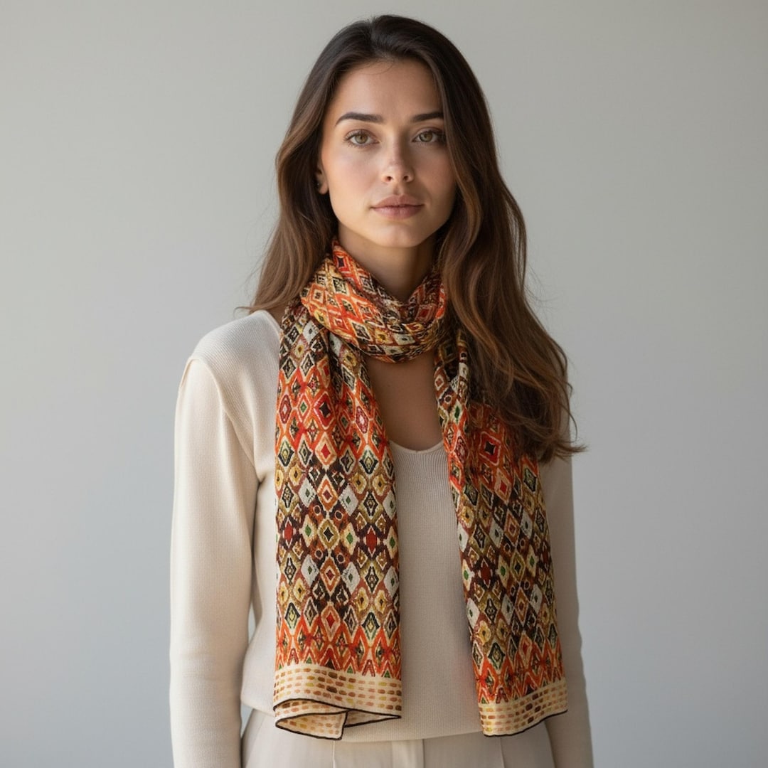 Ethnic Ikat Silk Scarf, Hand-hemmed Indonesian Shawl, Long Brown and ...