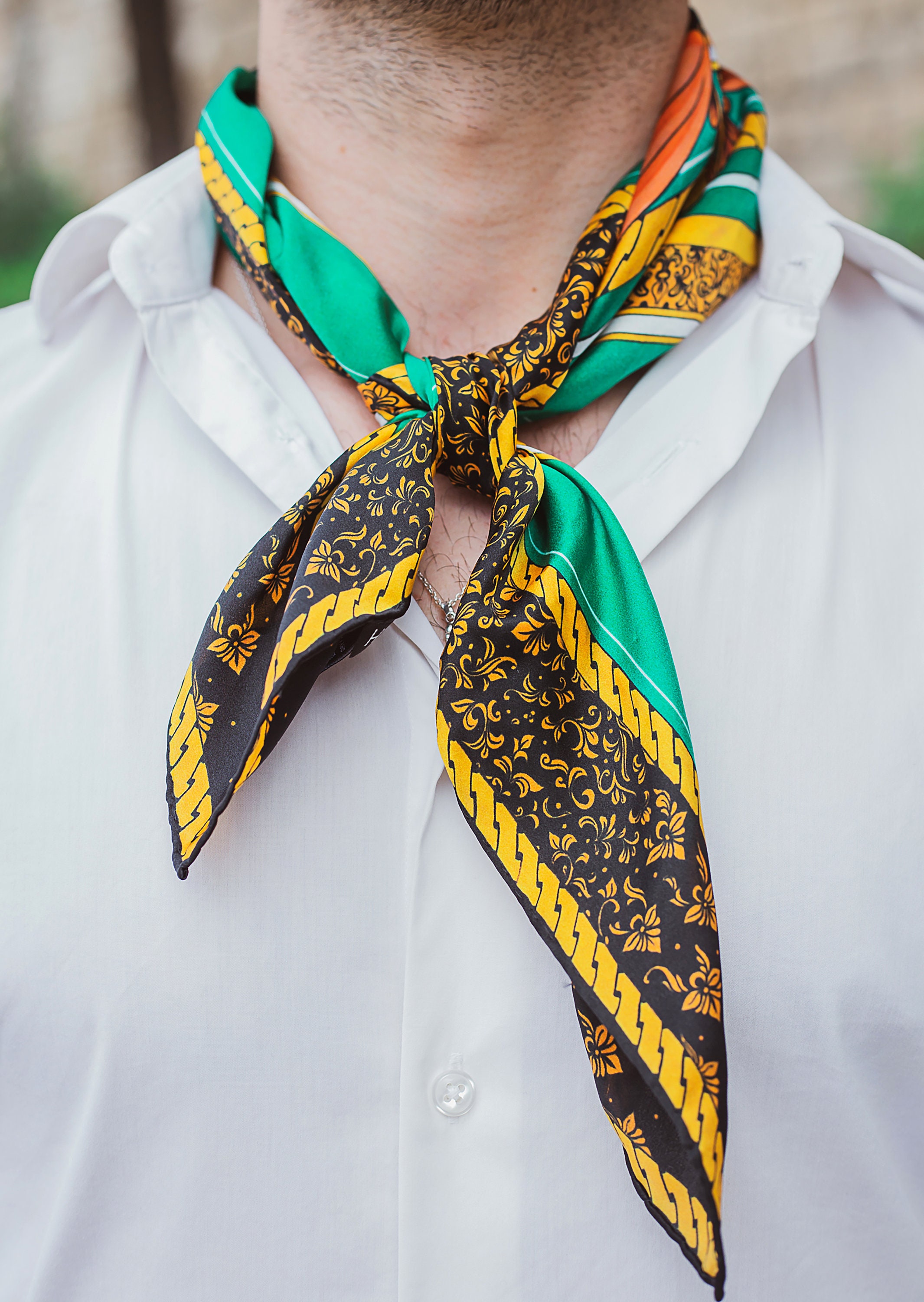 Mens Neckerchief With Floral and Geometric Print, Hand Painted Square ...