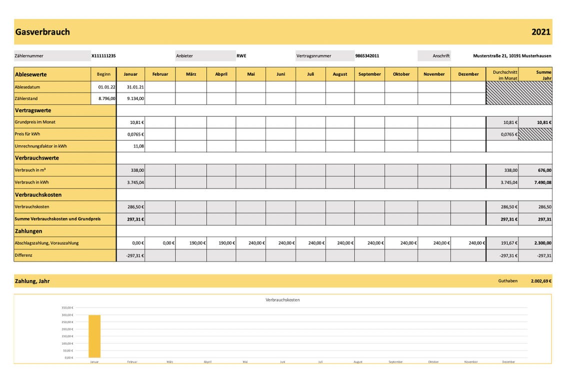 Calculate Gas Consumption and Gas Costs for 12 Months. Excel ...