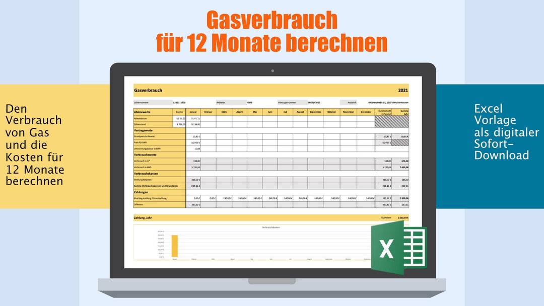Calculate Gas Consumption and Gas Costs for 12 Months. Excel Template ...