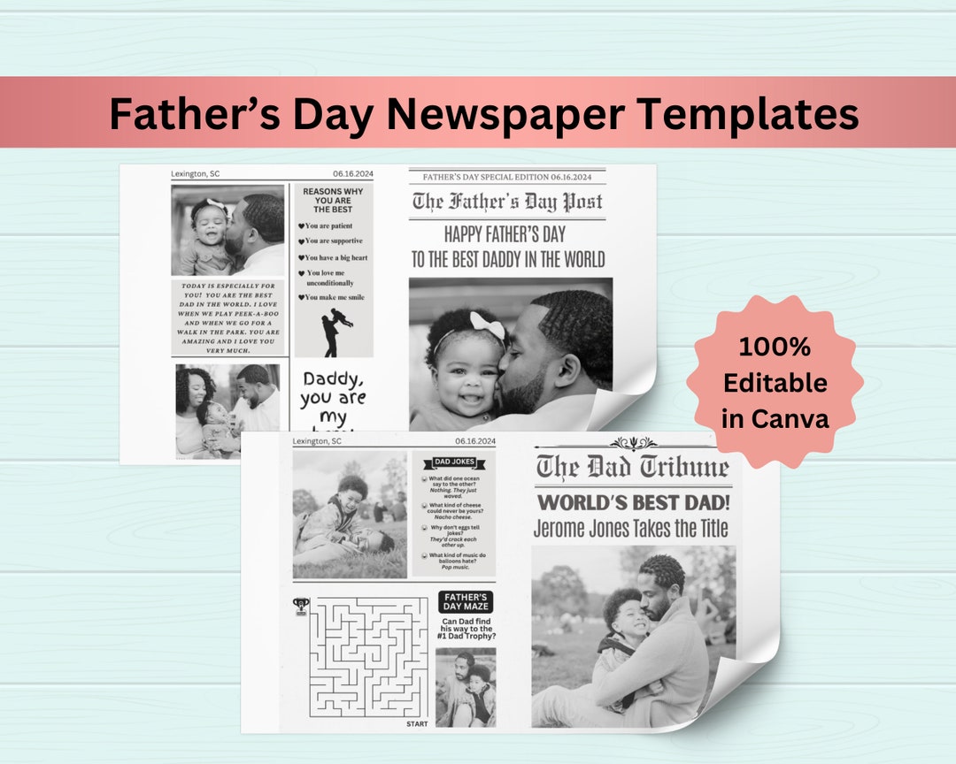 Father's Day Gift Newspaper Template, Editable Canva Template, Custom ...