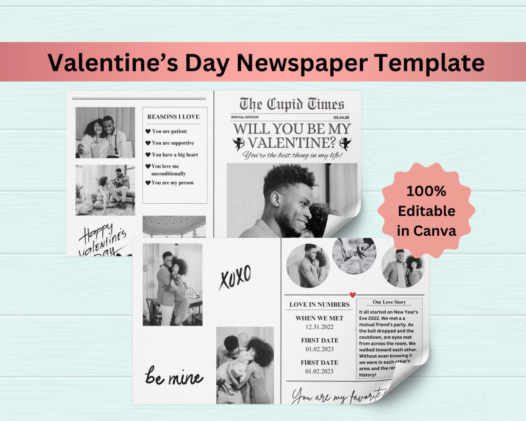 Valentine's Day Newspaper Template, Editable Canva Template, Custom ...