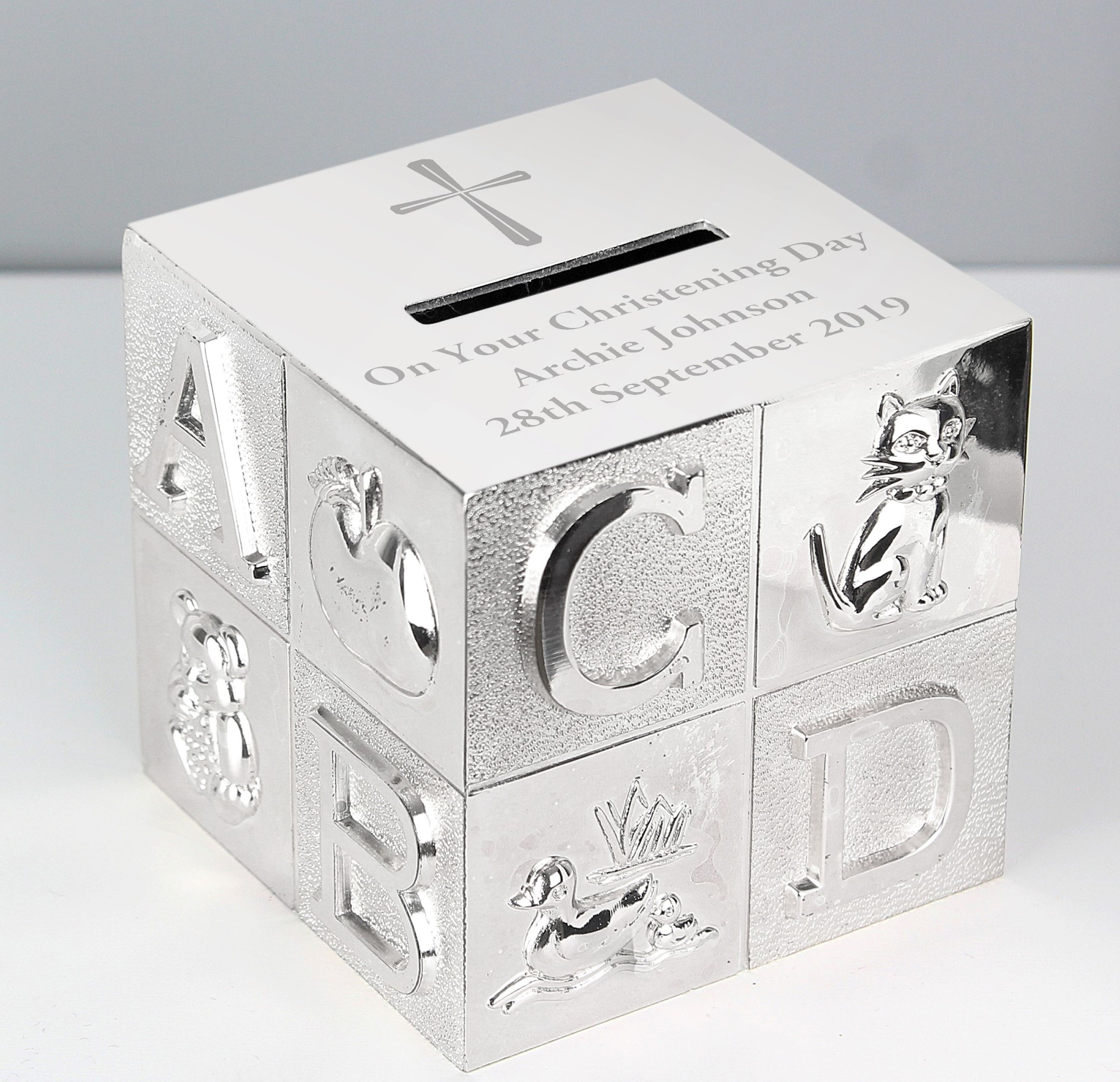 Personalized ABC Money Slot Box, Cross Design, Silver Metal, Custom ...