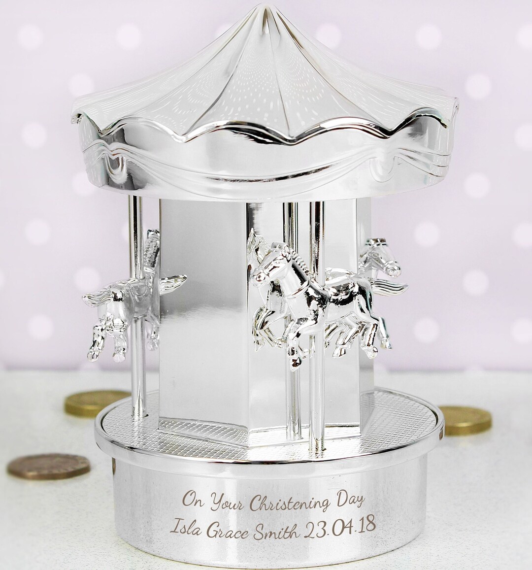 Personalized Carousel Money Box, Silver Plated, Custom Engraving, Gift ...