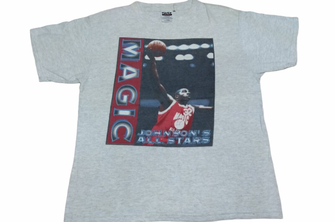 Vintage 90's Magic Johnson Basketball Player Grey Large T Shirt Lakers ...