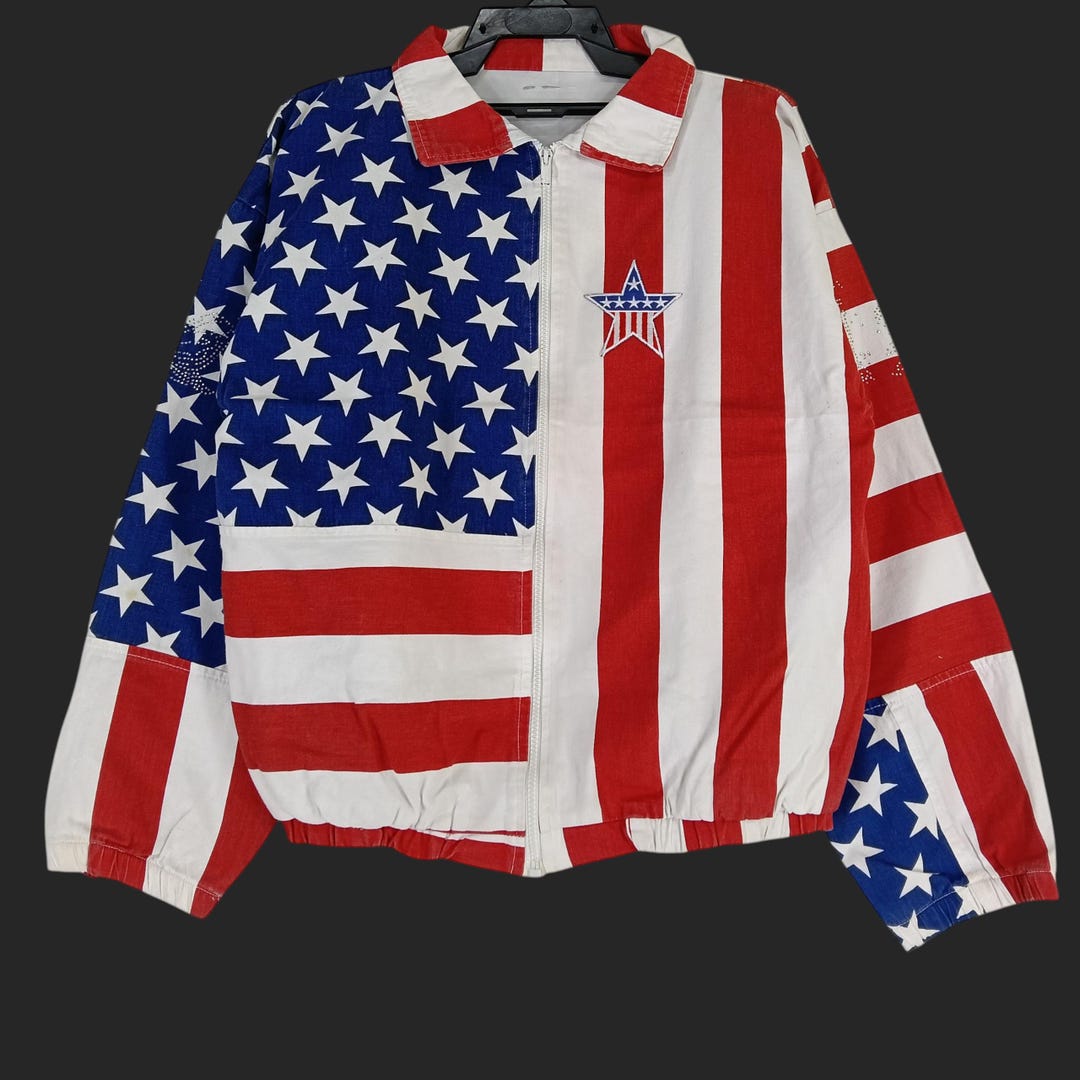 Vintage 90's American Flag Jacket Overprint Large American Flag Zipper ...