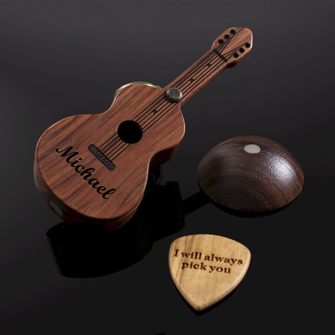 Personalized Guitar Pick Box: Rosewood Magnetic Case, Engraved Guitar ...