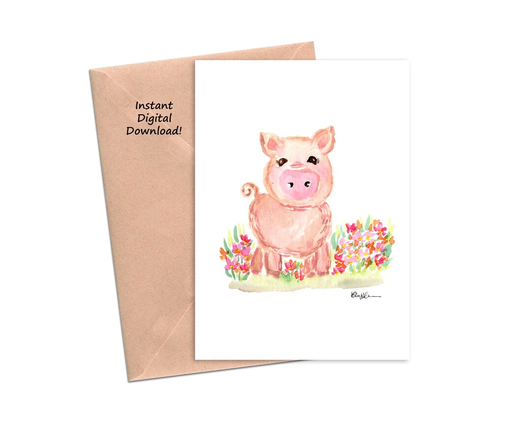 Pig Greeting Card Printable, Watercolor Pig Greeting Card, Pig Card ...