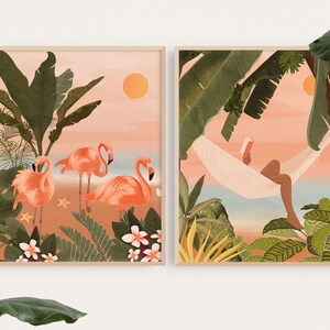 Tropical Art Print, Set of 2 Boho Wall Art, Beach Art Print, Flamingo ...