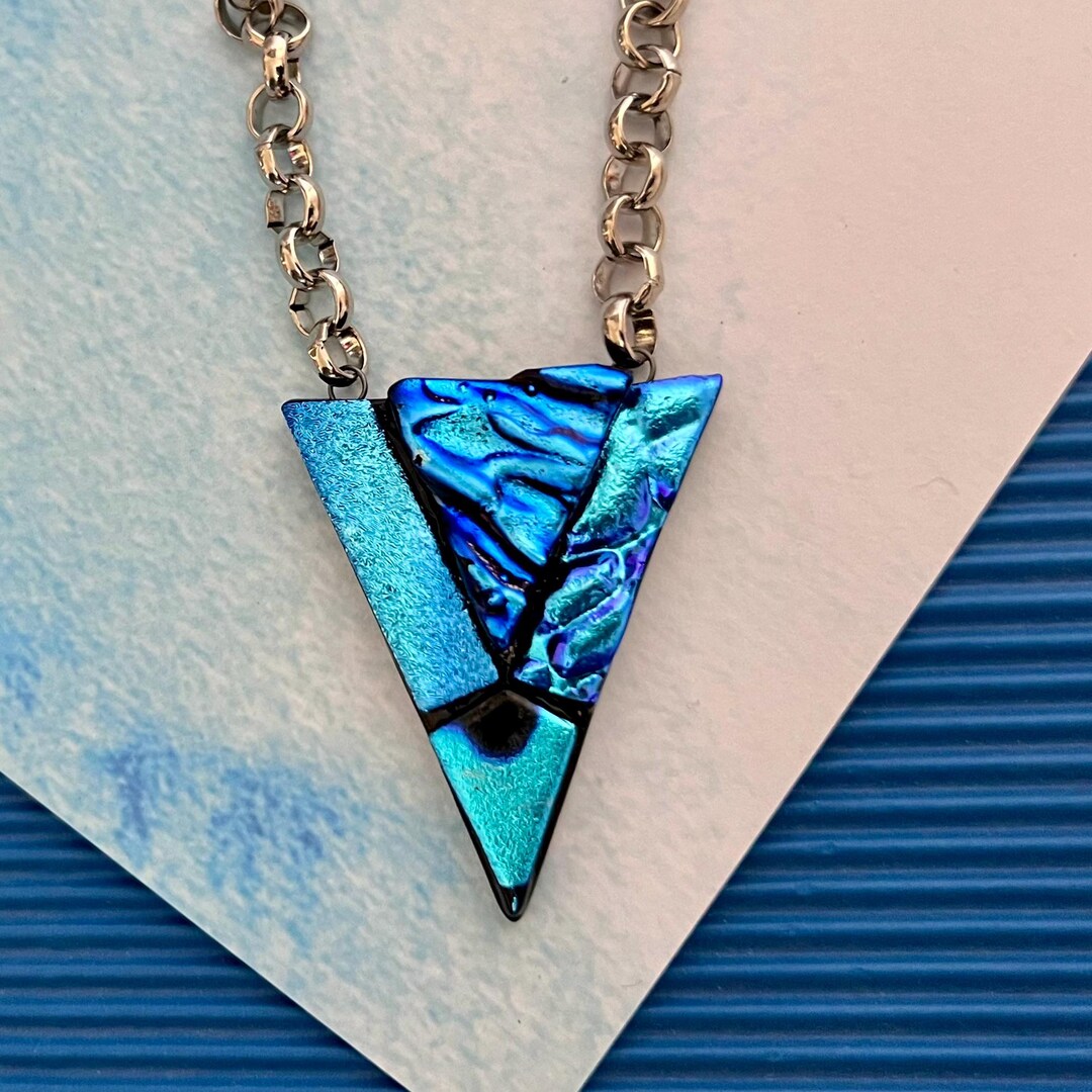 Blue Dicheoic Fused Glass Big Triangle 3d Pendant,long Triangle Blue ...