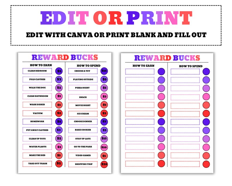 Editable Kids Reward Chart With Reward Bucks, Reward Bucks for Kids ...
