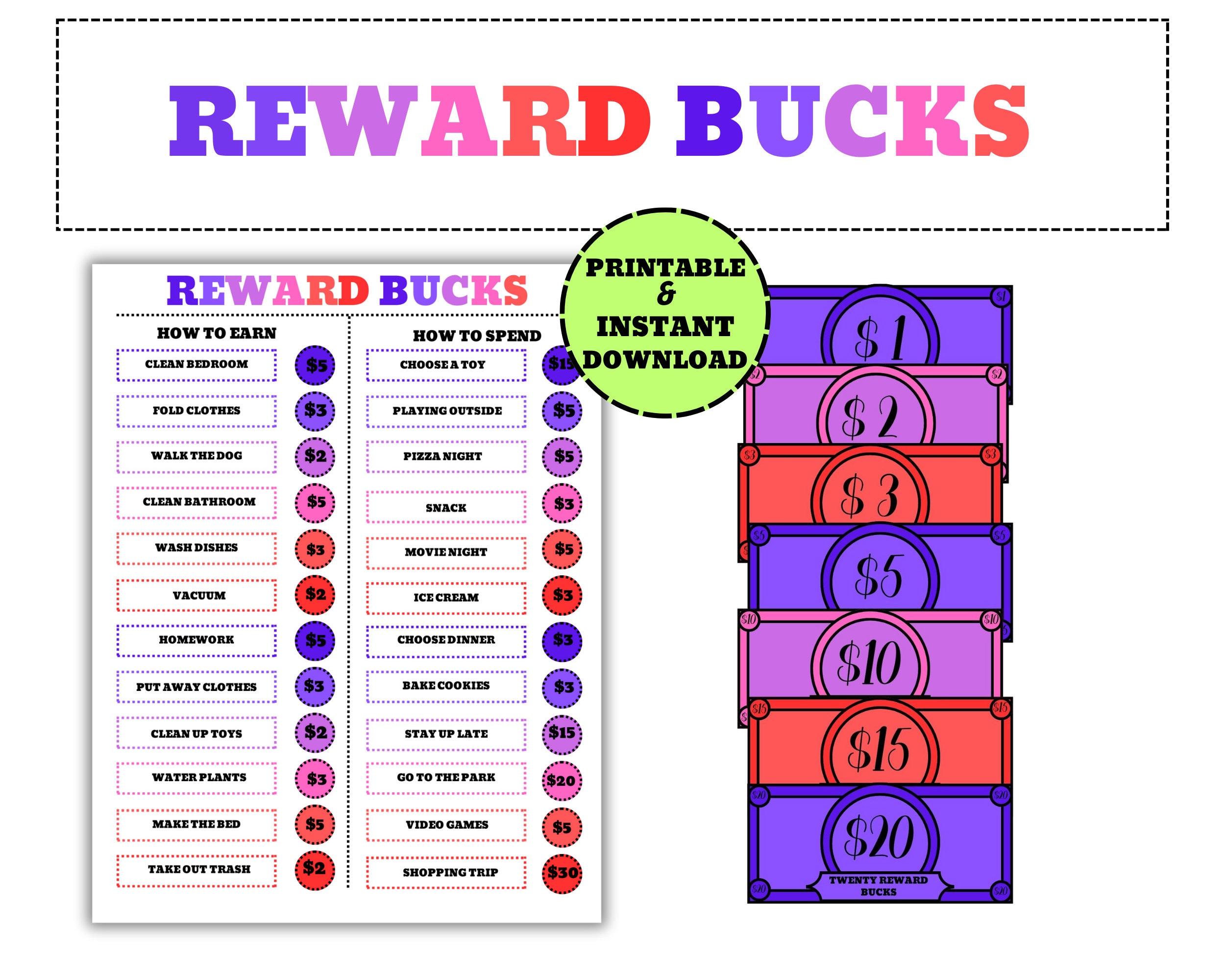 Editable Kids Reward Chart With Reward Bucks, Reward Bucks for Kids ...