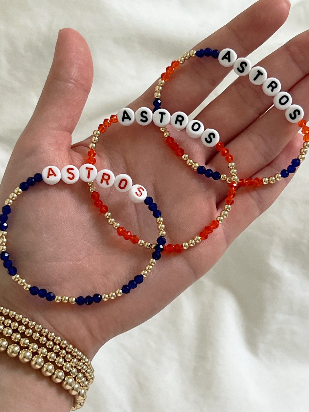 Houston Astros Bracelet - Orange, Blue, & Gold STROS Bracelet - Waterproof 14k Gold Filled Bead ...