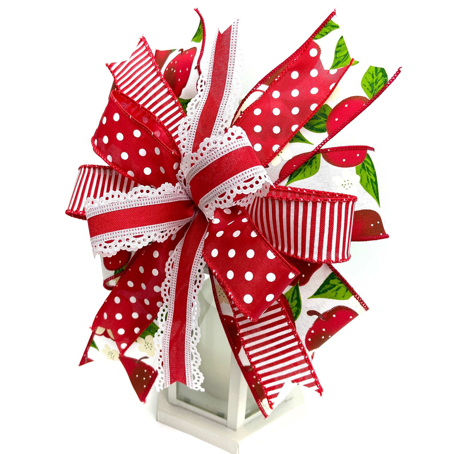 Apple Ribbon Bow, Apple Themed Decor, Red and White Summer Bow, Wreath ...