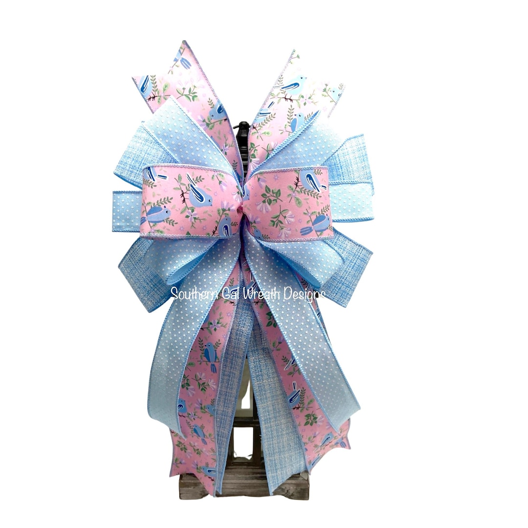 Pink and Blue Spring and Summer Bird Ribbon Wreath Bow, Pastel Lantern ...