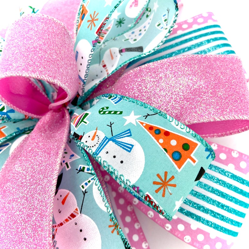 Snowman Ribbon Bow Tree Topper Bow Pink Christmas Tree Bow - Etsy