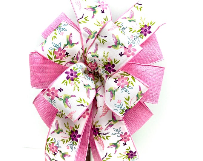 Pink Spring Hummingbird Ribbon Bow, Spring Lantern Topper Bow, Everyday ...