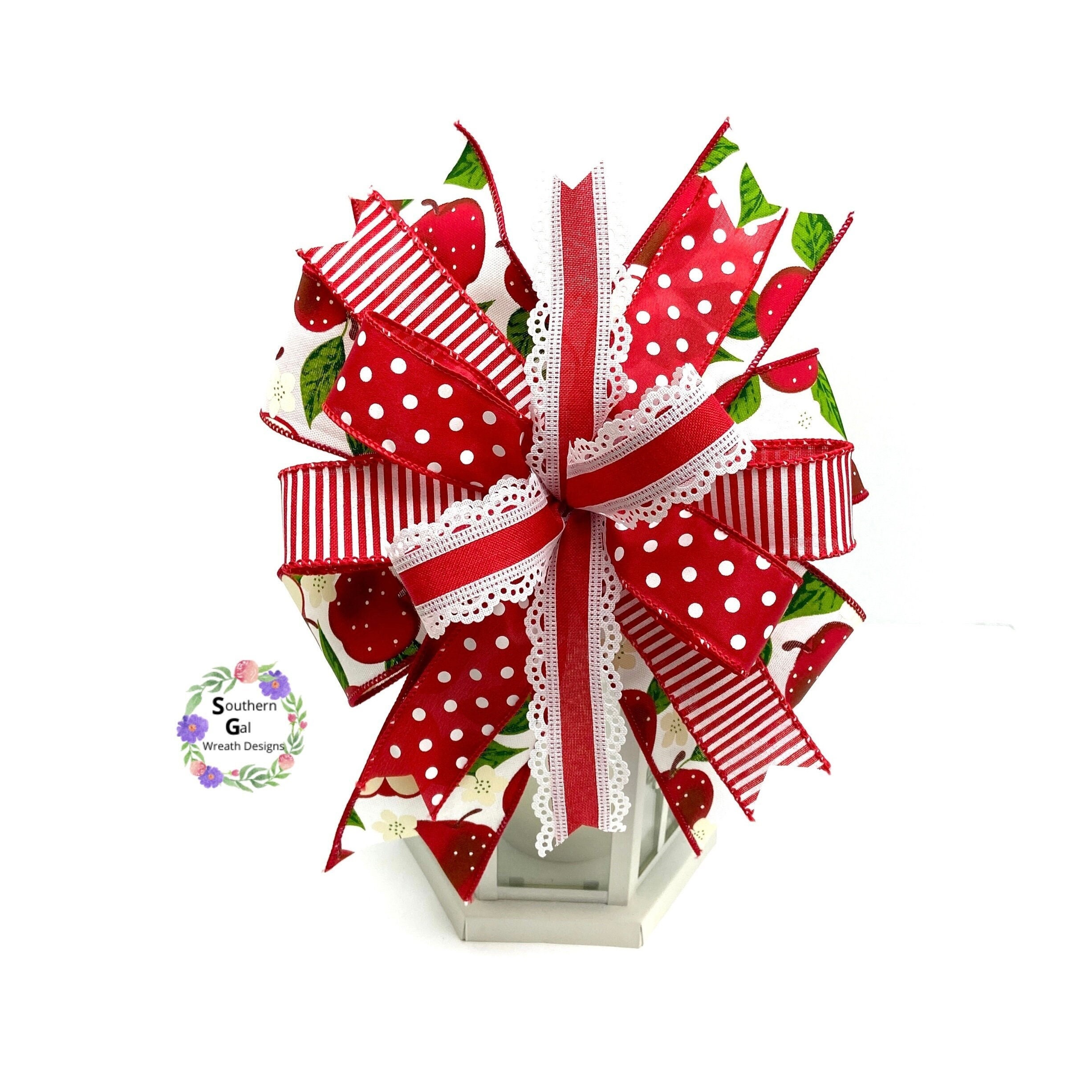 Apple Ribbon Bow, Apple Themed Decor, Red and White Summer Bow, Wreath ...