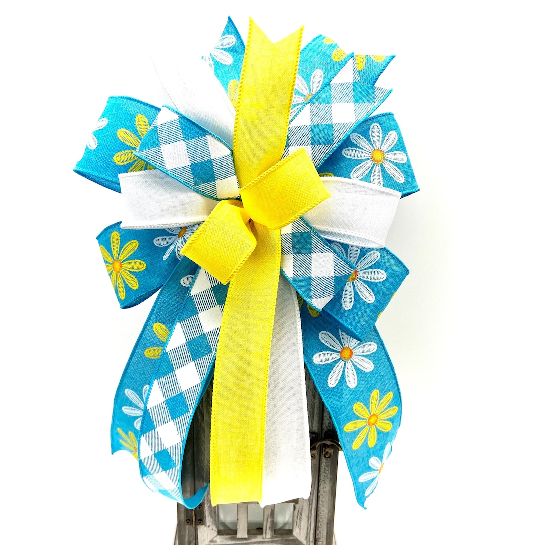 Spring Wreath Bow, Daisy Wreath Bow, Turquoise and Yellow Bow, Lantern ...