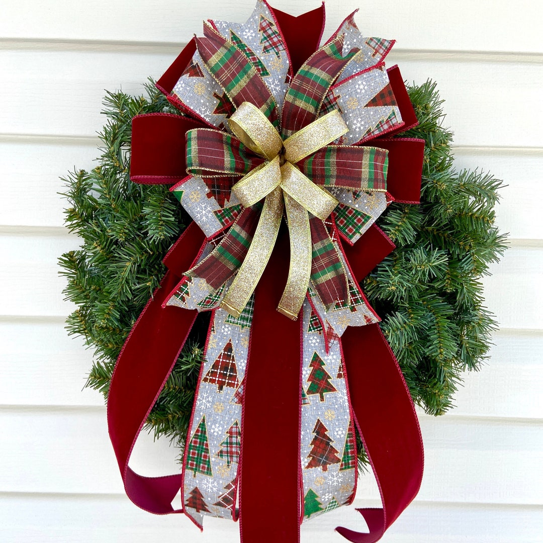Burgundy, Gray & Gold Christmas Bow, Large Christmas Wreath Bow ...