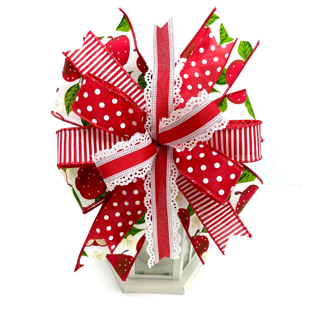 Apple Ribbon Bow, Apple Themed Decor, Red and White Summer Bow, Wreath ...