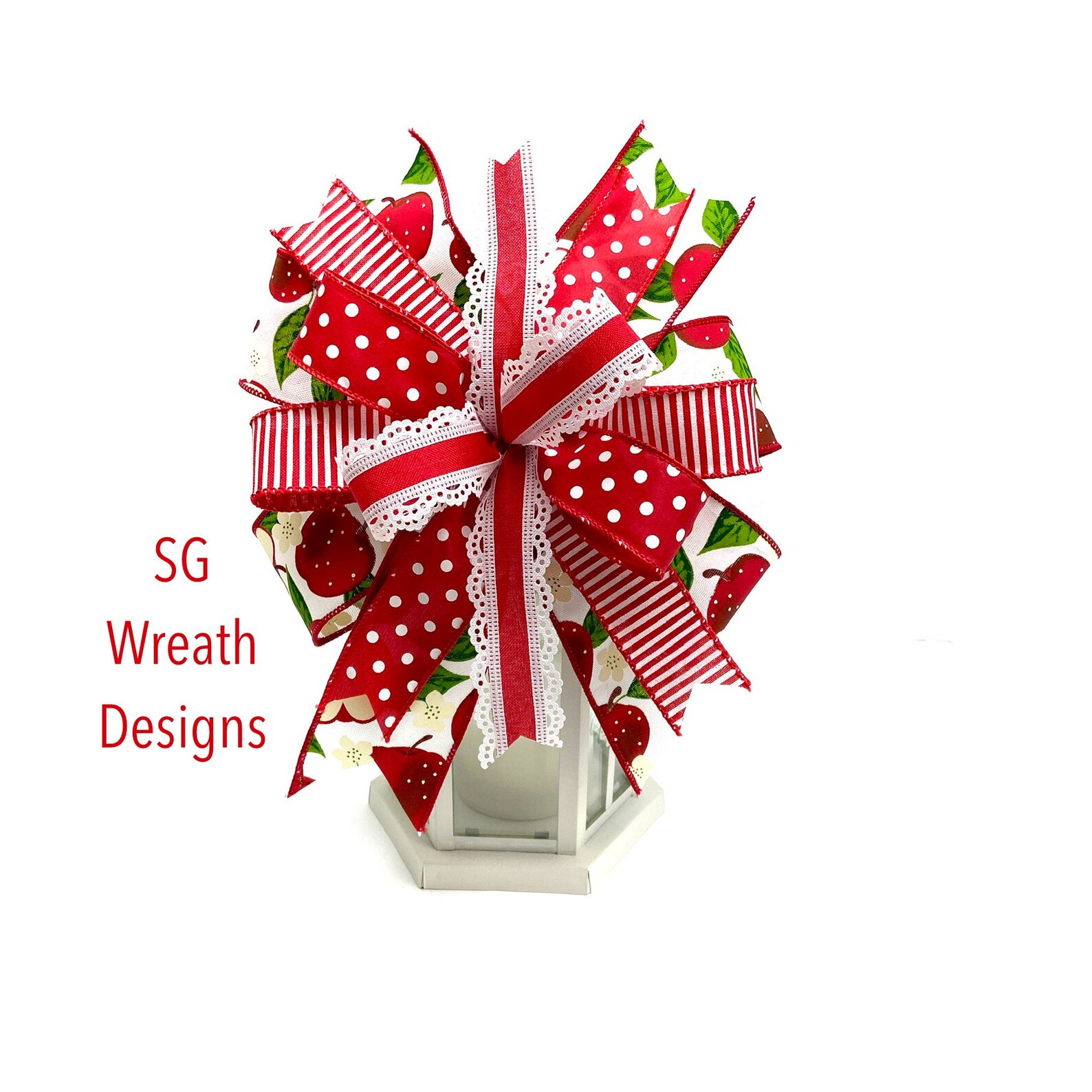 Apple Ribbon Bow, Apple Themed Decor, Red and White Summer Bow, Wreath ...