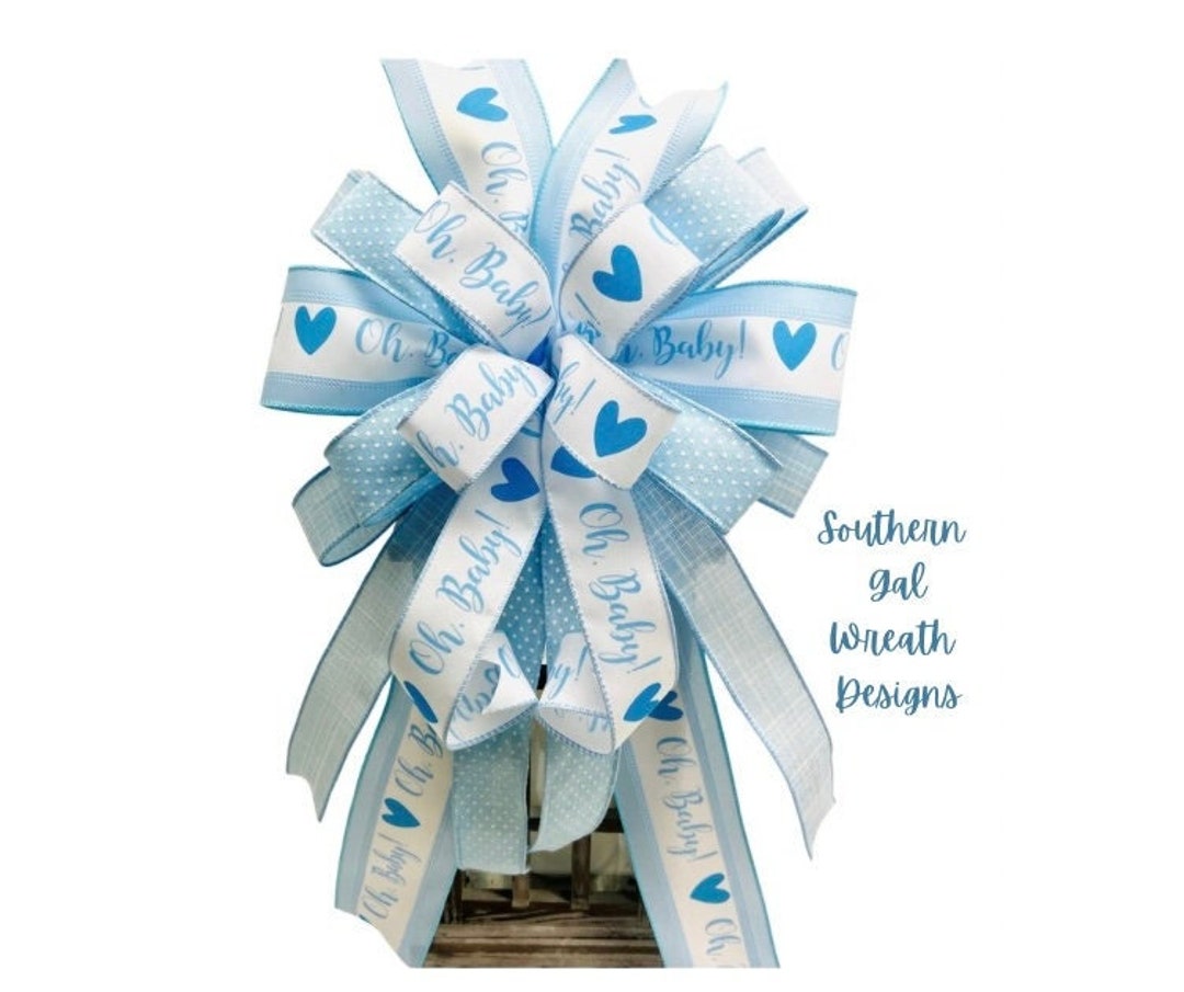 Baby Boy Wreath Bow, Baby Shower Bow, Blue & White Bow, Baby Boy Bow ...